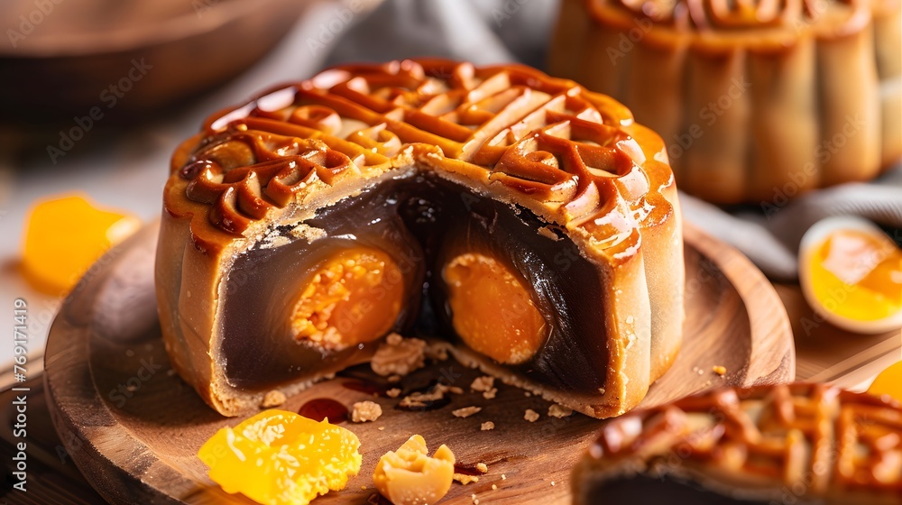 Mooncake cut in half showing traditional filling of lotus seed paste ...