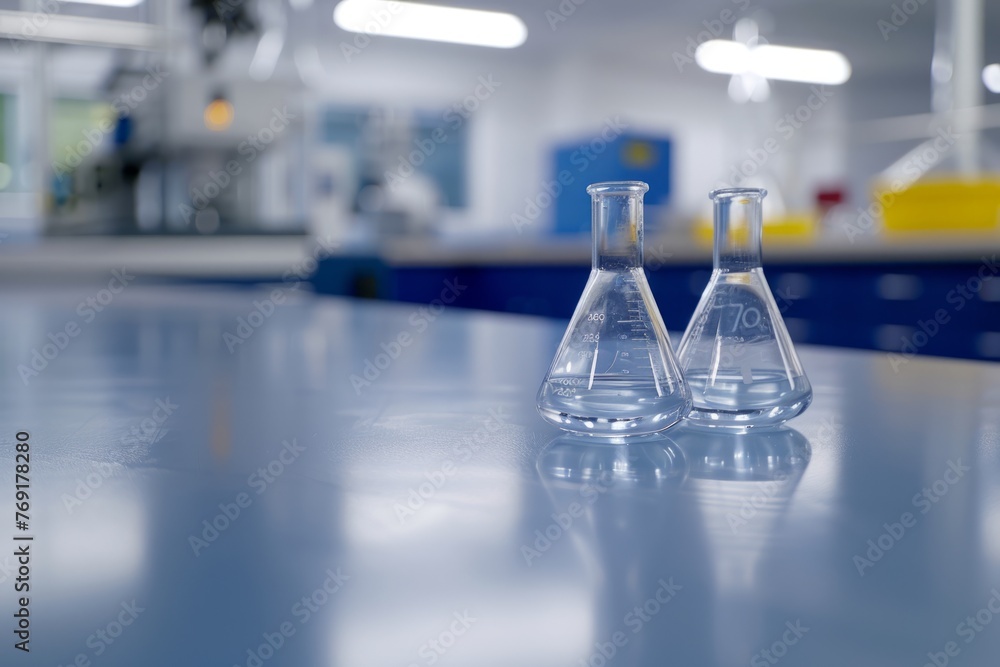 A blue laboratory table with three beakers filled with clear liquid, in ...