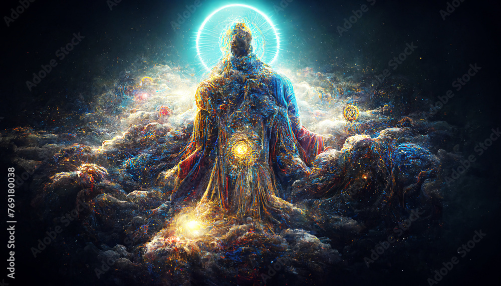 upreme Spiritual creator god holding the universe, abstract art clouds ...