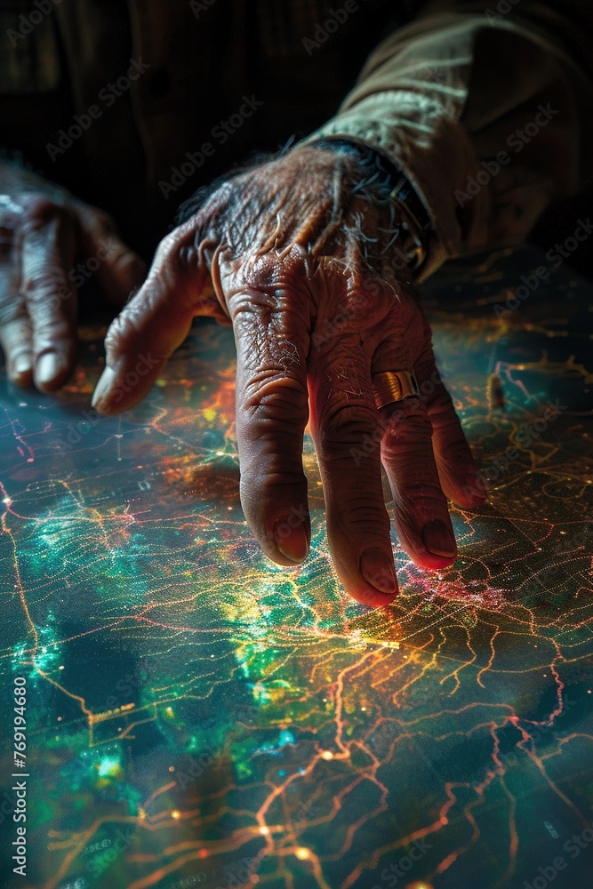 Elderly explorers chart holographic maps, tracing routes across digital ...