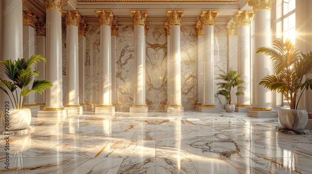 A sun-kissed marble texture, reflecting the gleaming white columns and ...