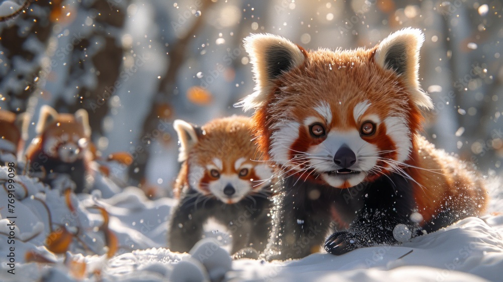 Group of red pandas with whiskers and fur standing in snowy natural ...