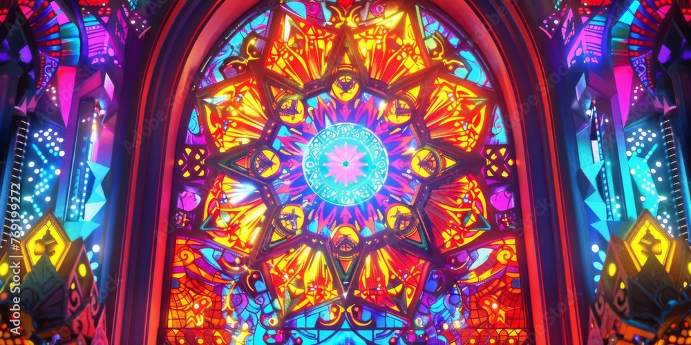 A vibrant stained glass window pattern, incorporating symbols and ...