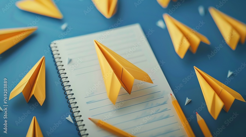 A school notebook background is animated with 3D yellow paper airplanes ...