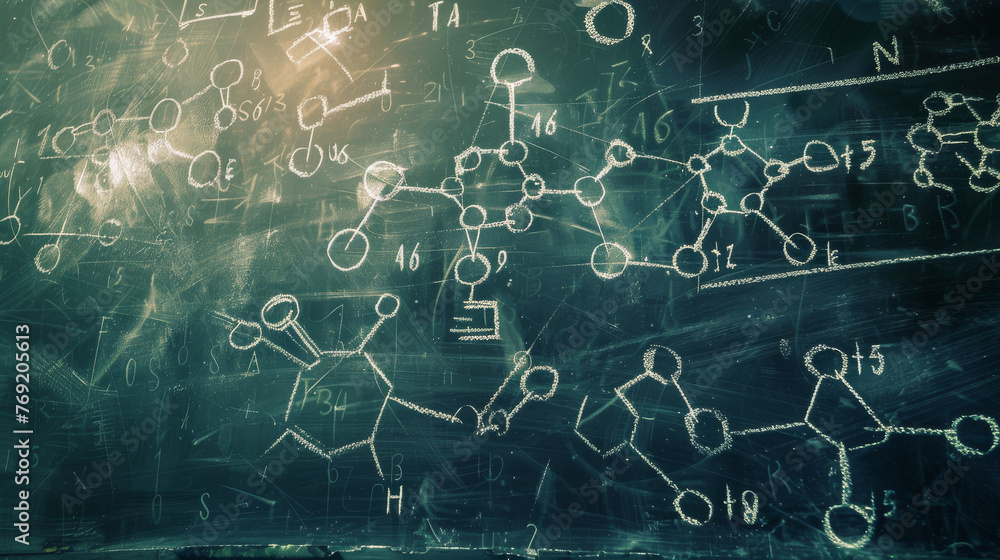Science Blackboard background with Scientific equations written in ...