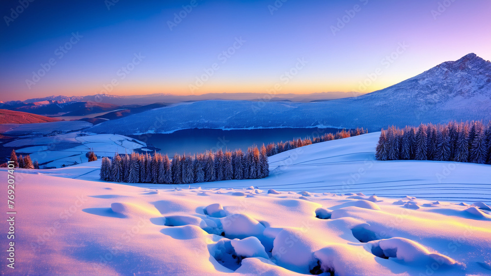 tranquil snowy landscape illuminated by the rising or setting sun, with ...