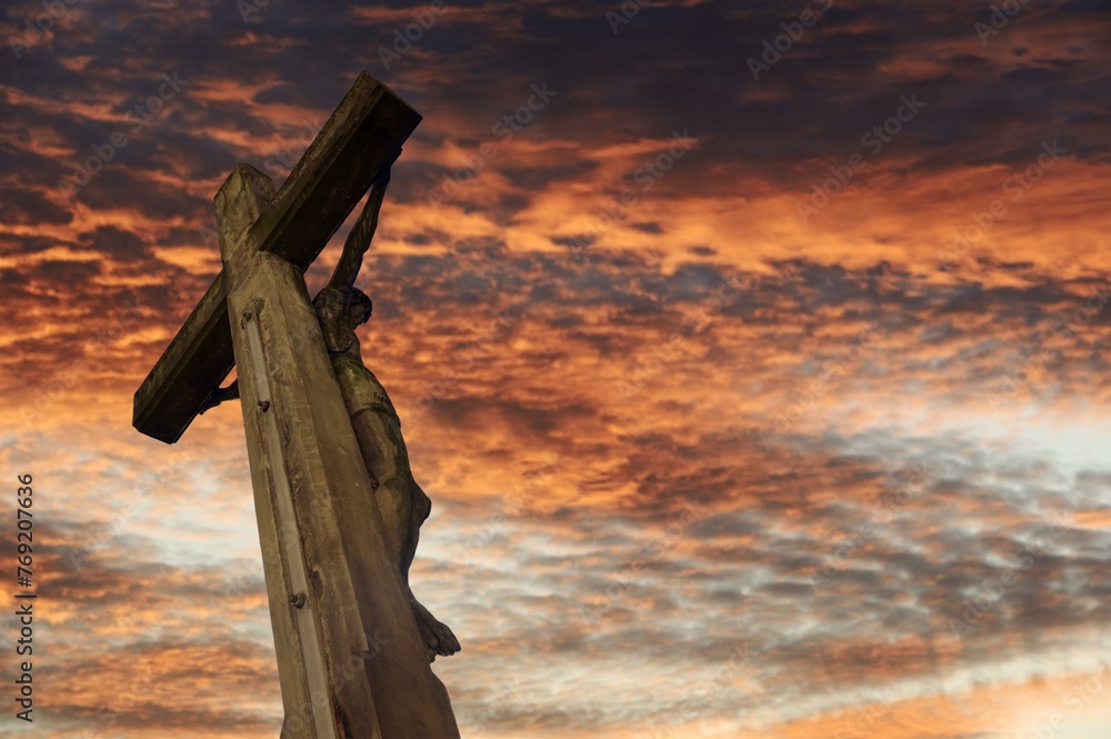 Jesus Christ on the cross at sunrise, North Rhine-Westphalia, Germany ...