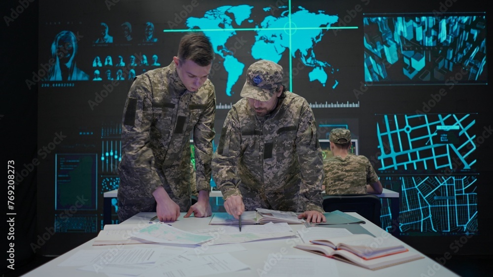 Group of security squad in control center. Military headquarters ...