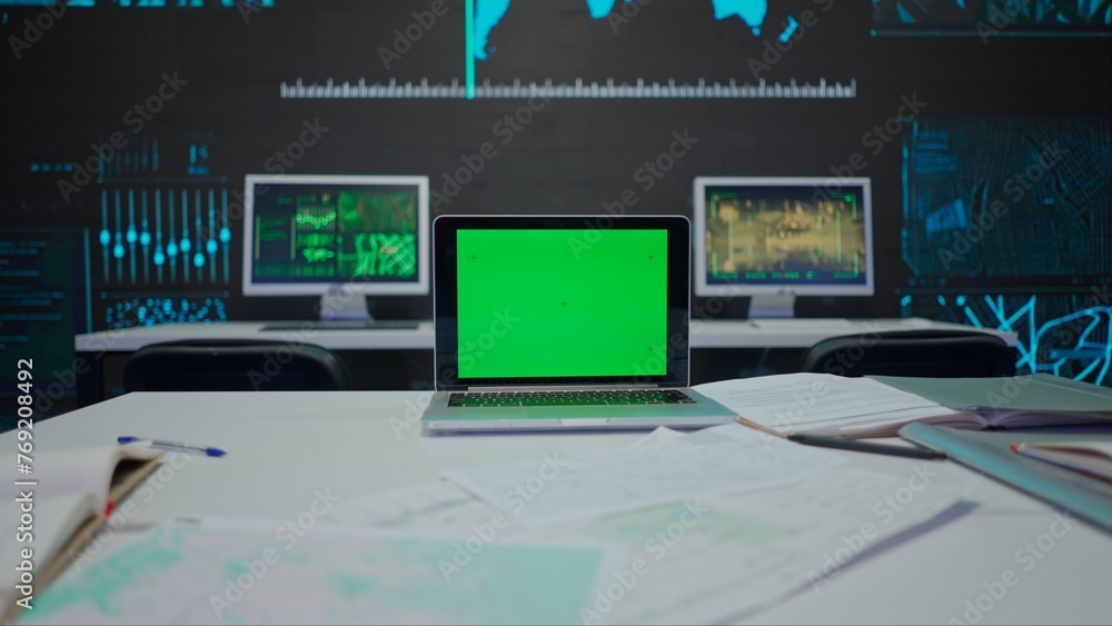 Computer at the desk in control center. Military headquarters ...