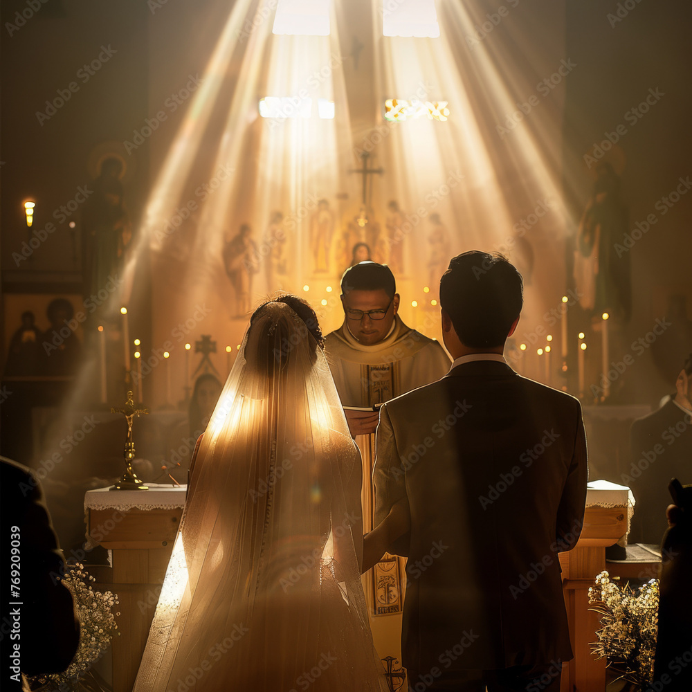 Beautiful bride and groom, getting married in romantic church in front ...