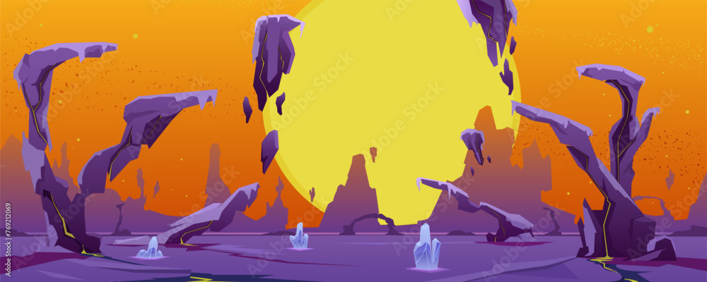 Panorama of an icy planet with volcanic activity. Dwarf star above the ...