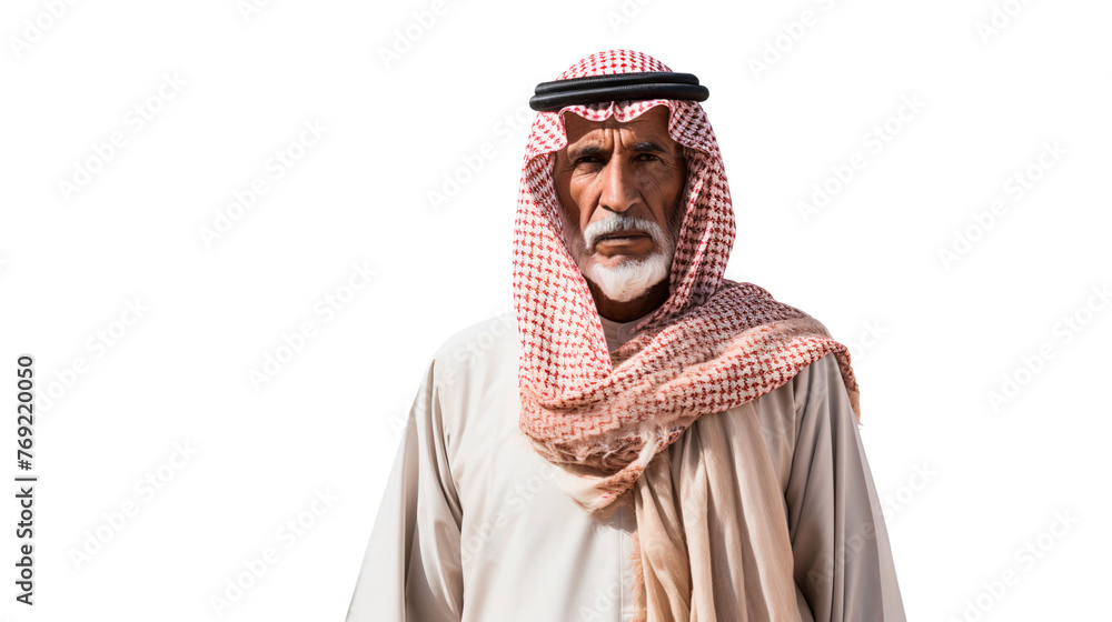 Portrait of a senior old Saudi man wearing traditional Arab clothes ...