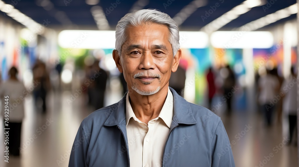 Handsome elderly filipino man on work fair in exhibition hall job ...