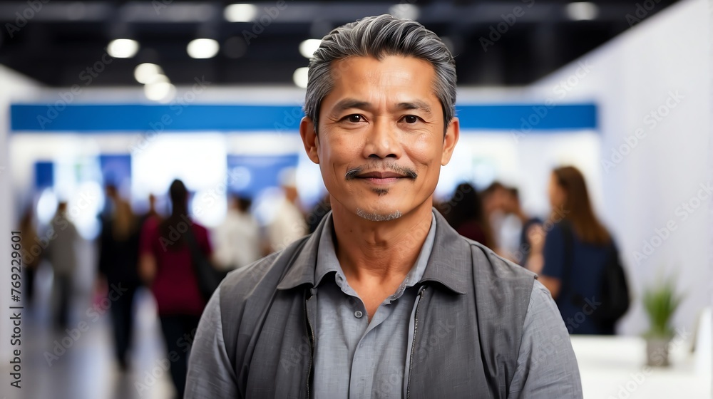 Handsome middle aged filipino man on work fair in exhibition hall job ...
