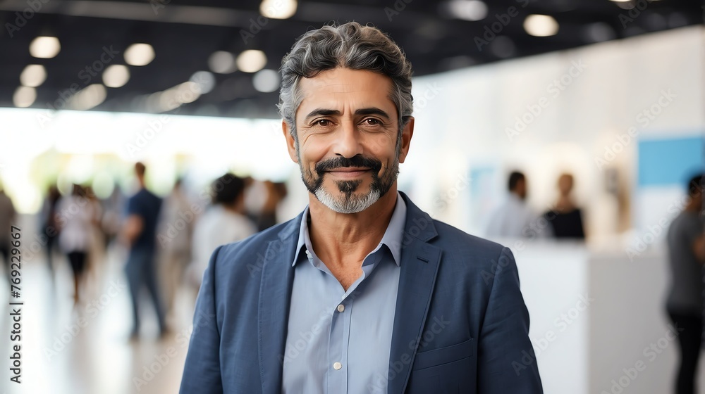 Handsome middle aged middle east man on work fair in exhibition hall ...