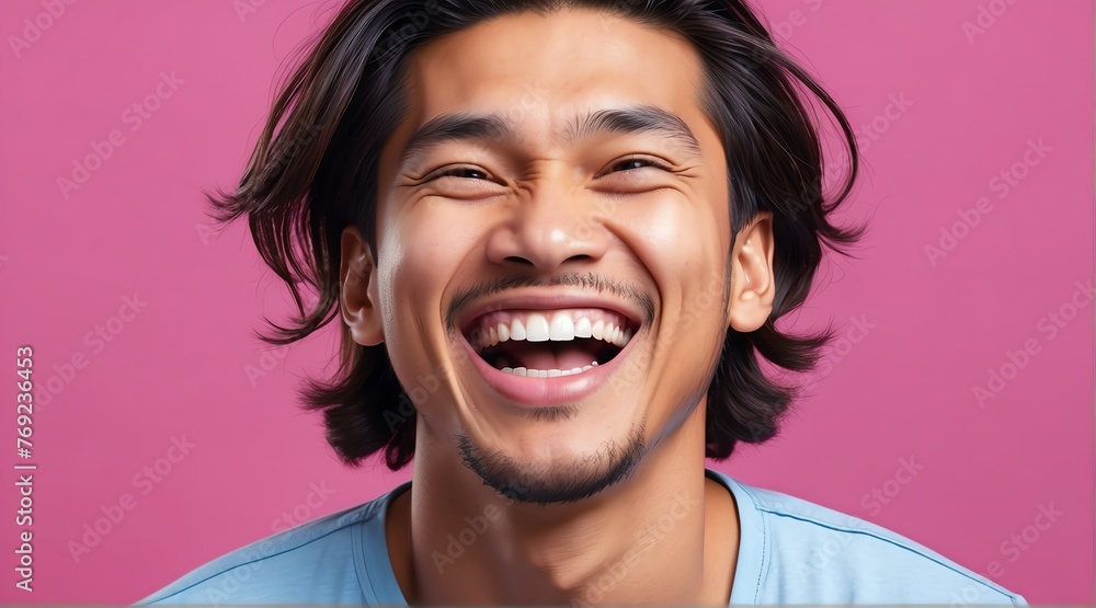 young filipino man on plain bright pink background laughing ...