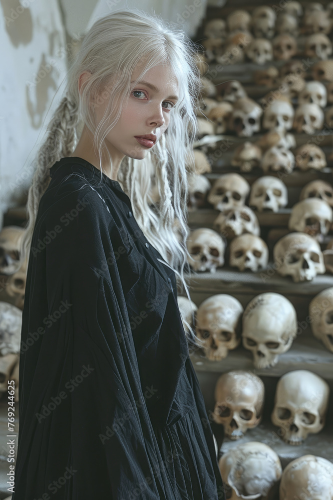 Una hermosa chica con un rostro pálido y triste, con cabello largo y ...