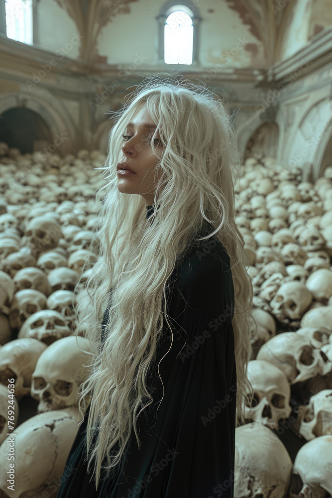 Una hermosa chica con un rostro pálido y triste, con cabello largo y ...