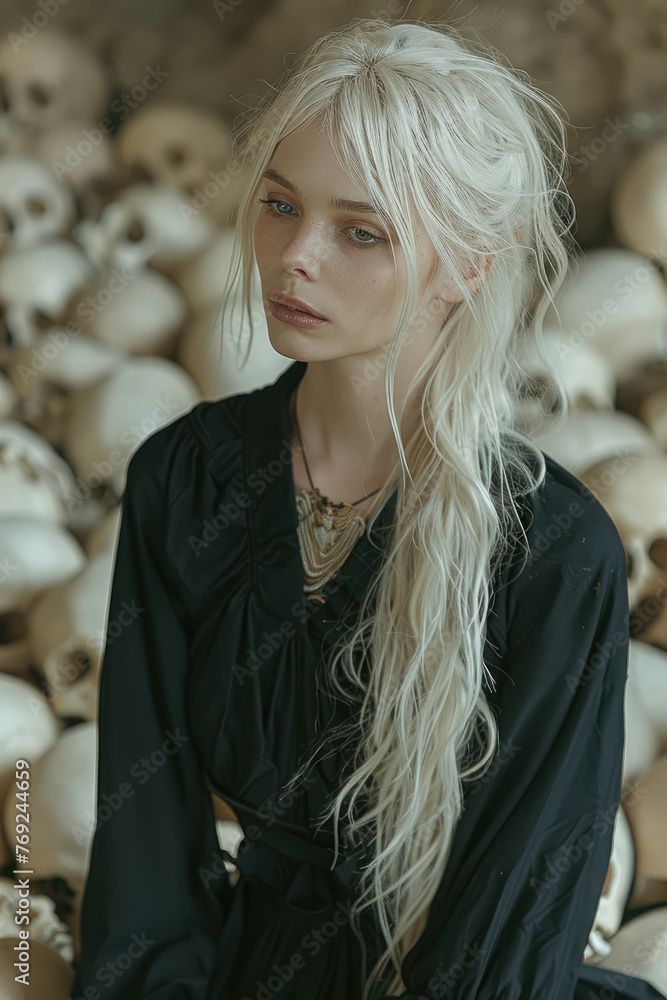 Una hermosa chica con un rostro pálido y triste, con cabello largo y ...