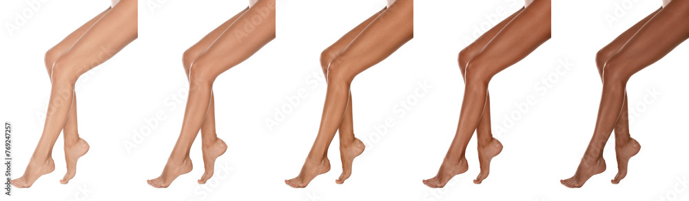 Woman with beautiful legs on white background, closeup. Collage of ...