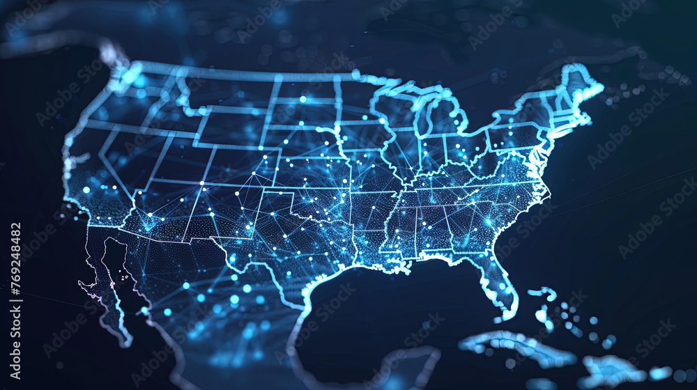 Digital map of USA, concept of North America global network and ...