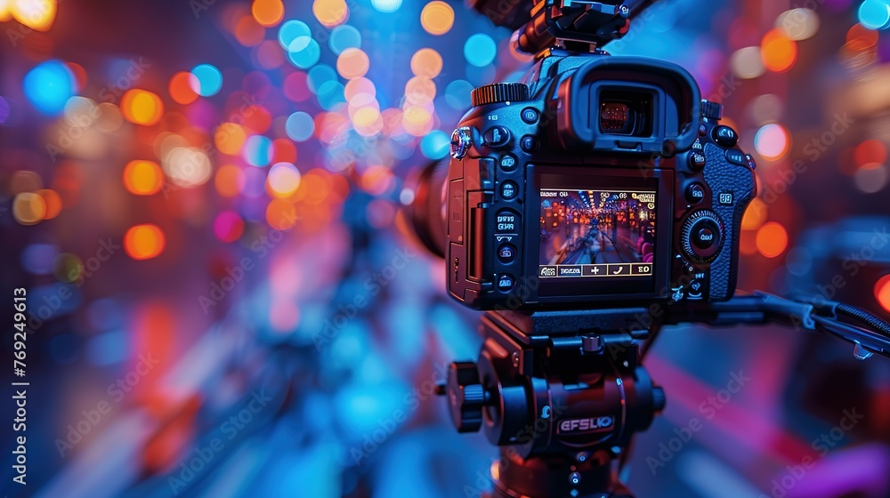 Modern video camera with a digital display recording an interview in a ...