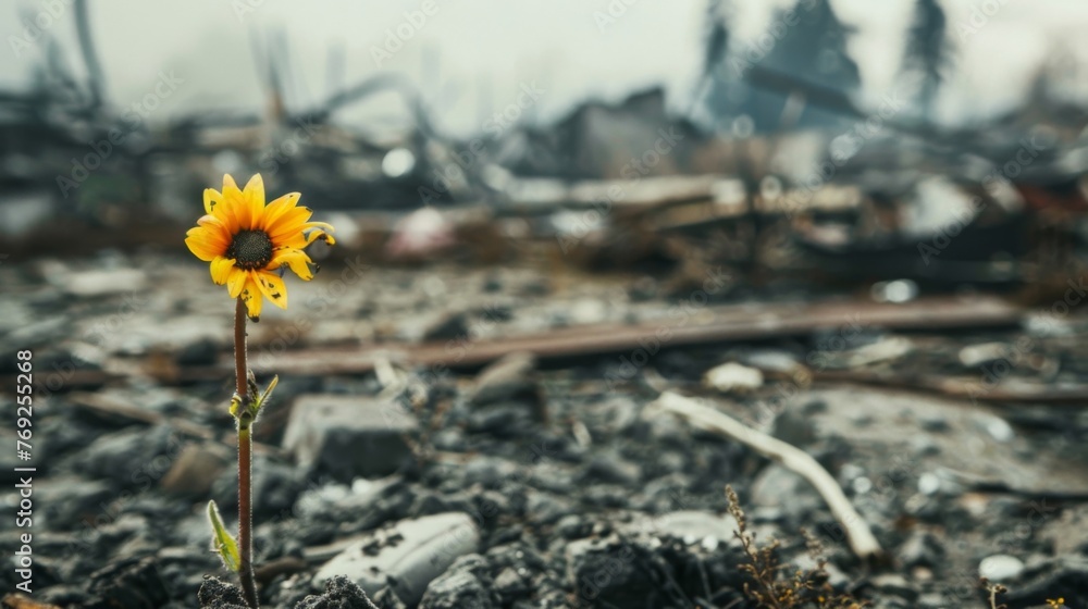 A single flower blooming amidst the wreckage a symbol of resilience and ...