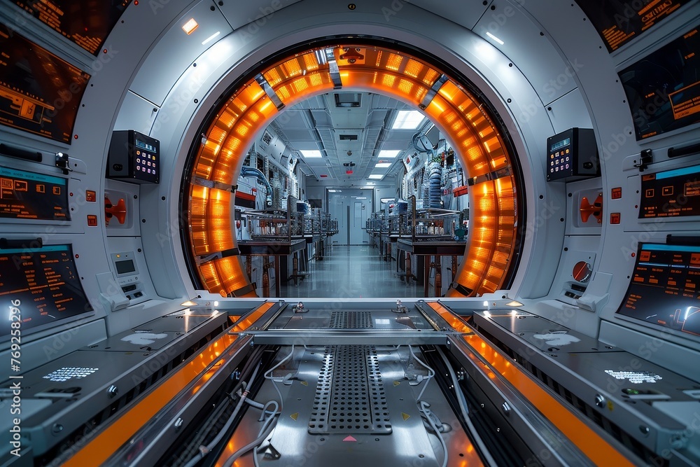 An ultra-modern, sci-fi inspired interior resembling a corridor inside ...