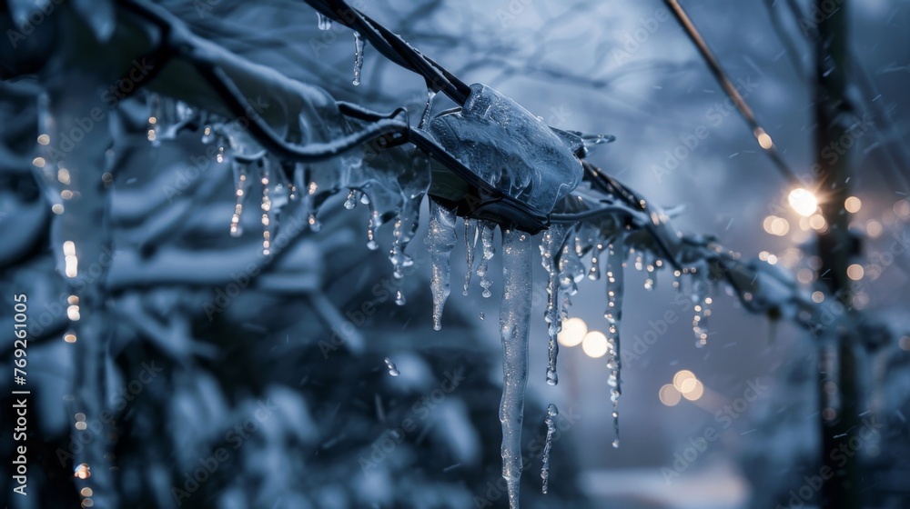 A power line sags under the weight of the ice sparks flying as a result ...