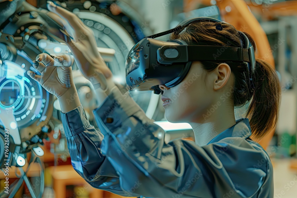 Female engineer wearing a virtual reality headset at work to explore an ...