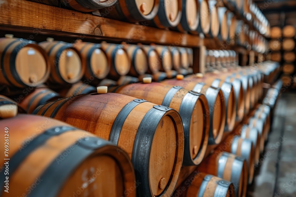 Rows of oak barrels stacked in a cellar aging high-quality wine in a ...