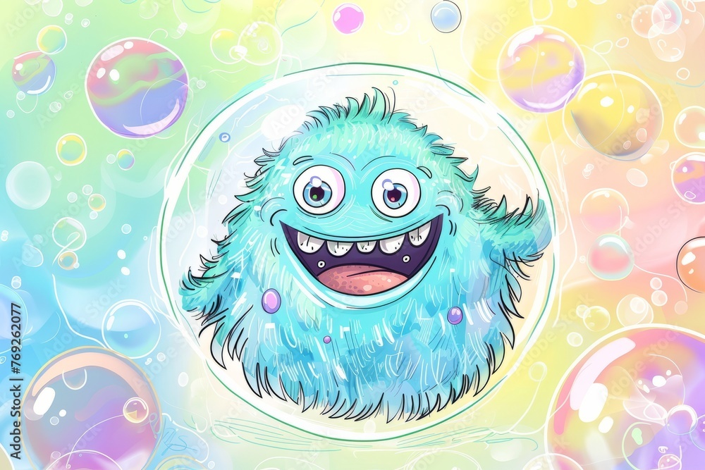 Cartoon cute doodles of a blue monster with fluffy fur and a big grin ...