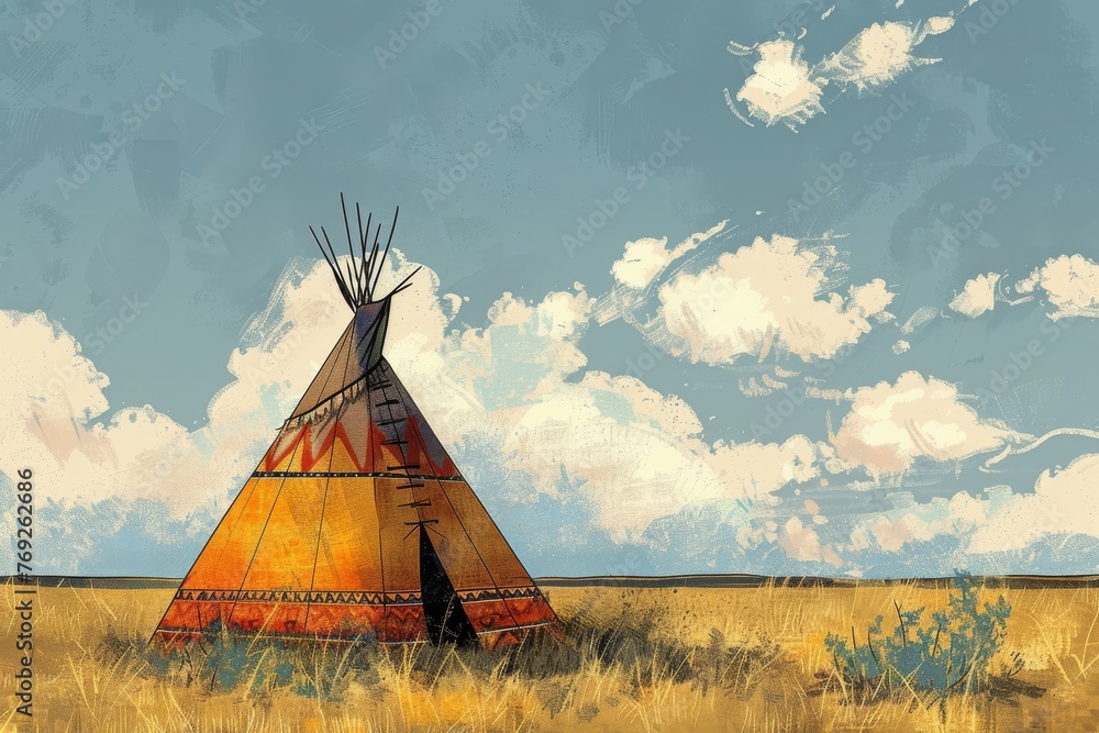 Illustration of a tipi on the plains of North America. Native American ...