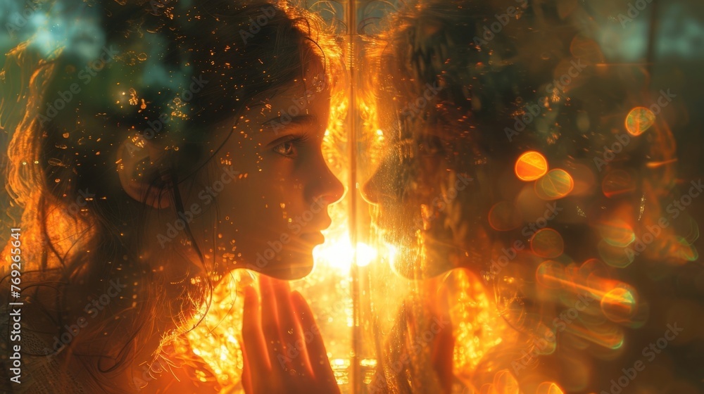 A young girl stands in front of a mirror gazing at her reflection. As ...