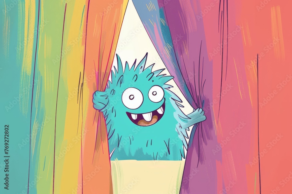 Cartoon cute doodles of a turquoise monster with fluffy feathers and a ...