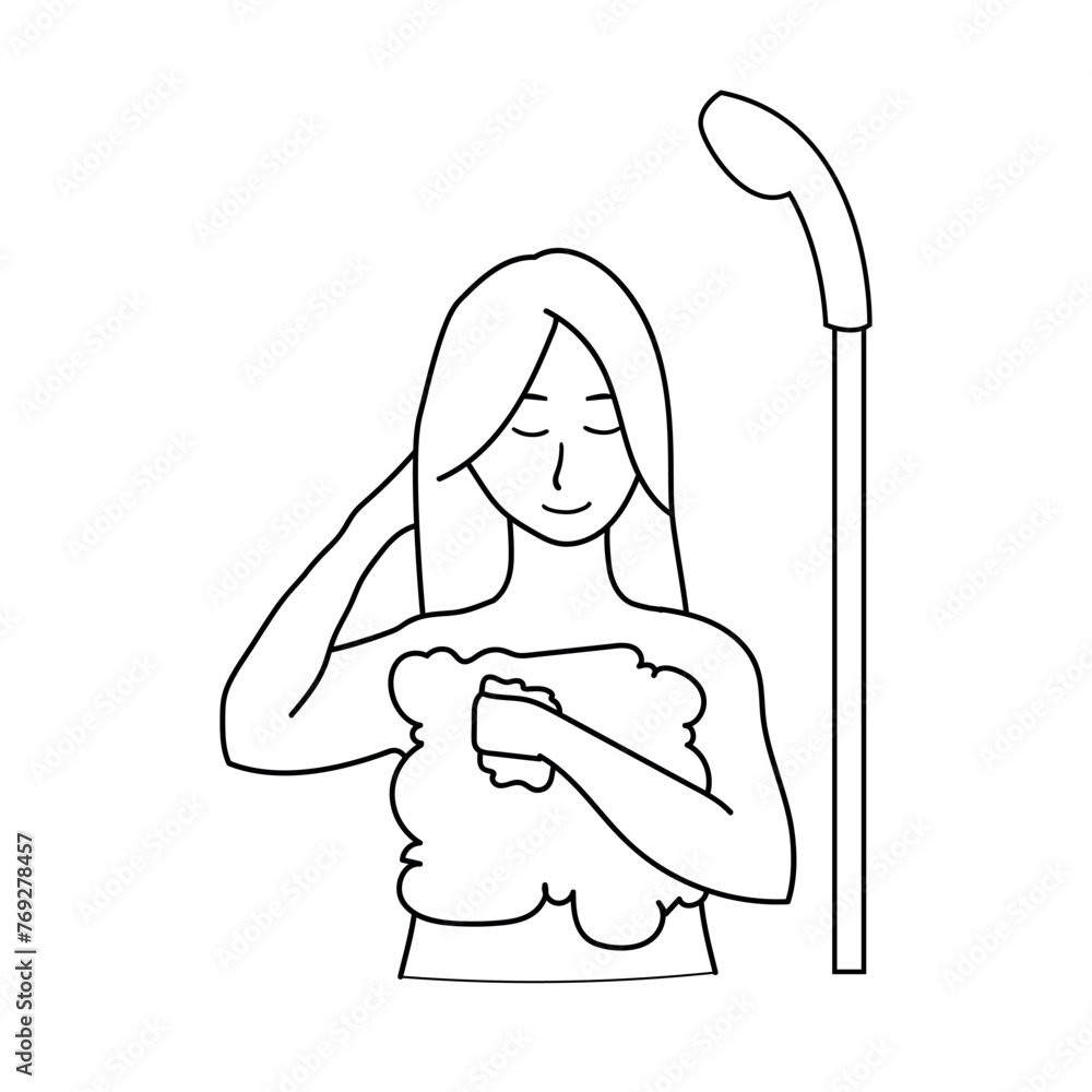 Taking a shower, female morning routine's illustration (sketch line) in ...