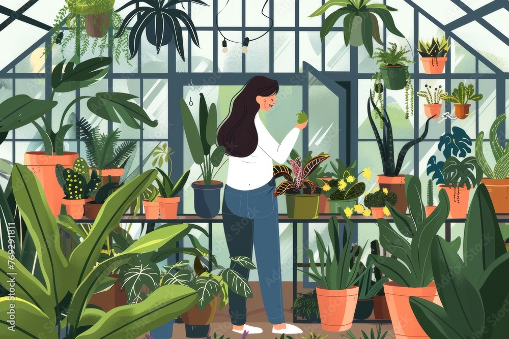 Cartoon cute doodles of a florist taking care of a greenhouse full of ...