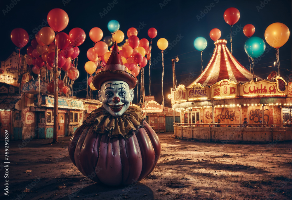 A creepy clown figure sits in front of carnival rides and tents at ...