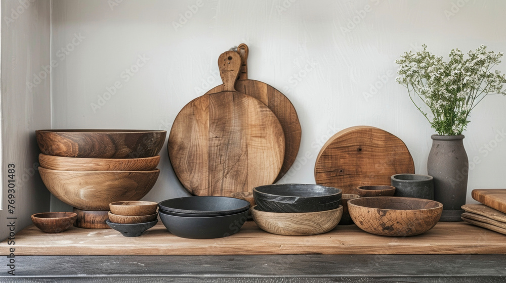 An asymmetrical arrangement of various sizes and shapes of wooden bowls ...