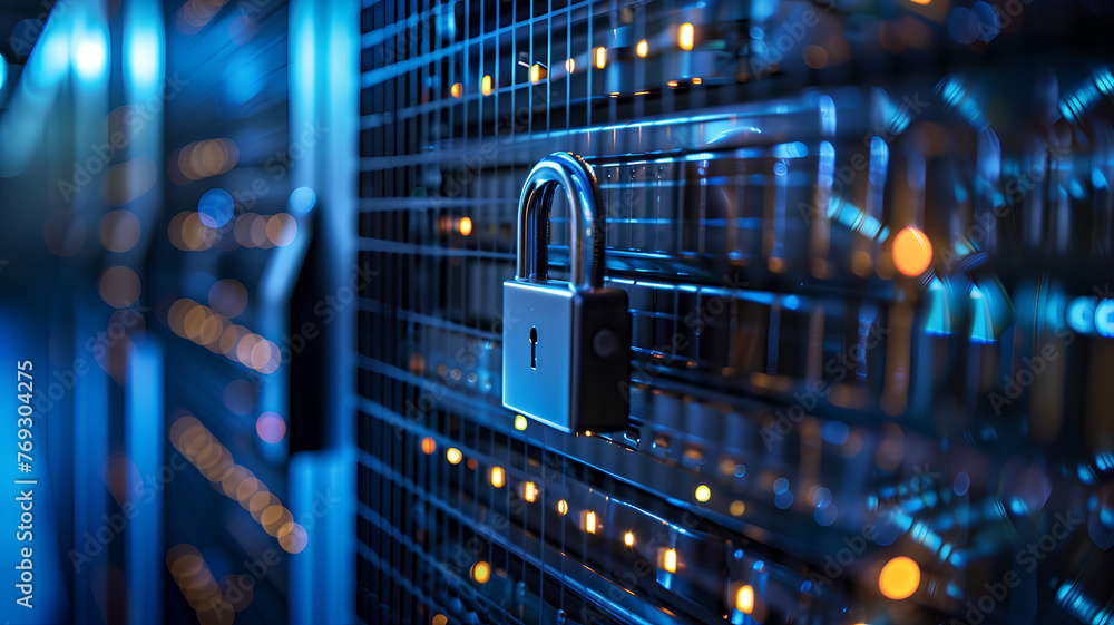 Data Security Concept in Server Room . Close-up of a secure padlock icon on the digital screen ...