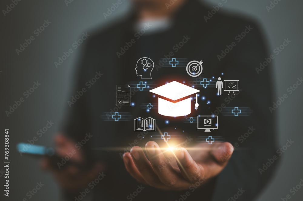 E-learning graduate certificate program concept. Man showing education ...