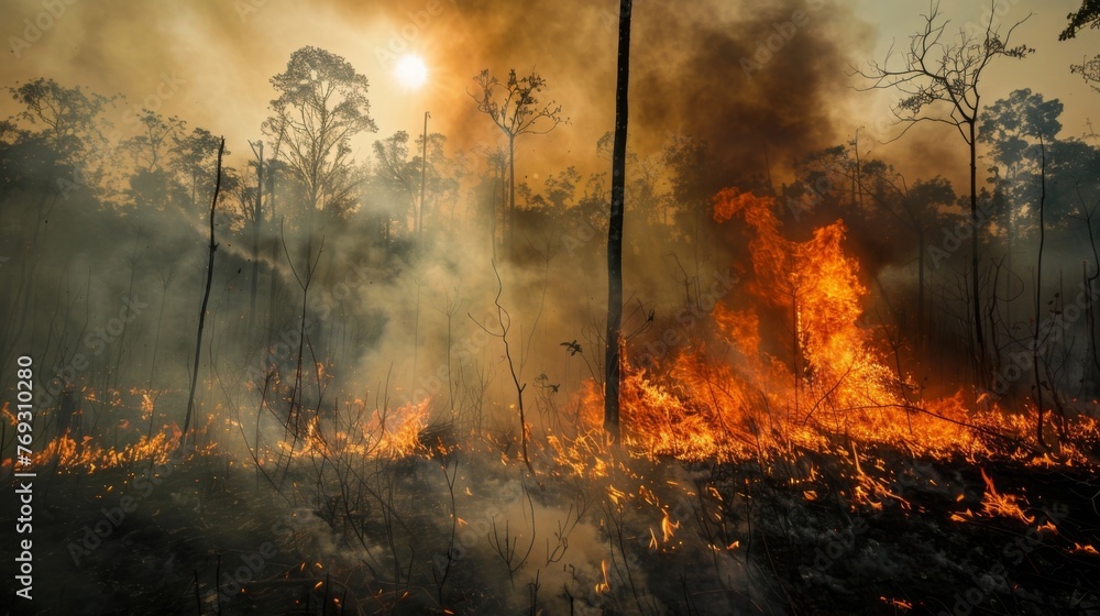 A burning forest with smoky sky a stark reminder of the destructive ...