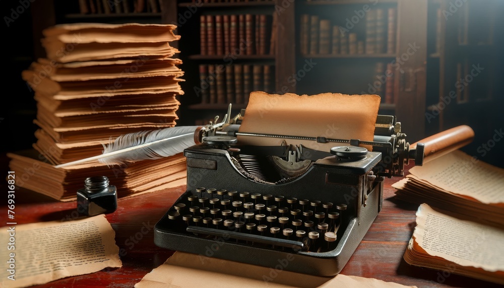 An old-fashioned typewriter with a partially typed manuscript, evoking ...