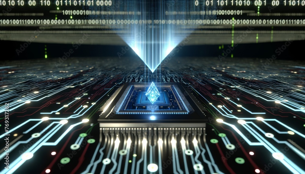 The image depicts a digital landscape showcasing a series of binary ...