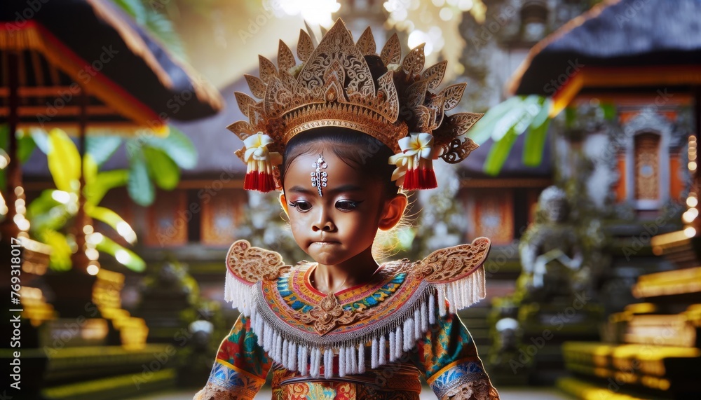 A Balinese child in traditional dance attire, her face showing ...