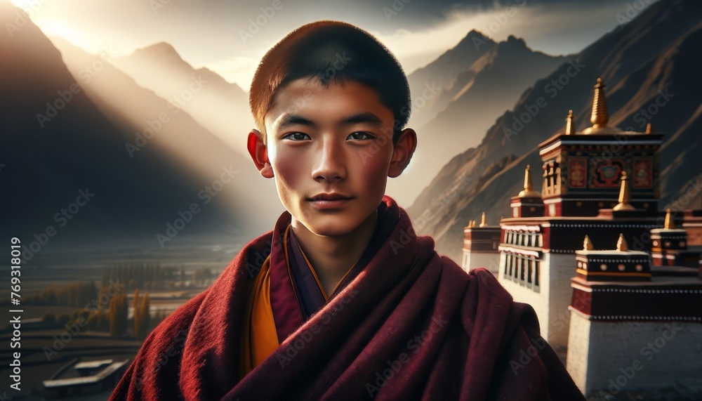Foto de A young Tibetan monk in traditional robes, his youthful face ...