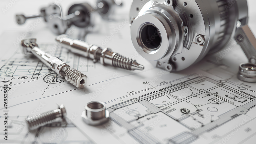 Mechanical Parts and Technical Drawings on Table . Precision mechanical ...