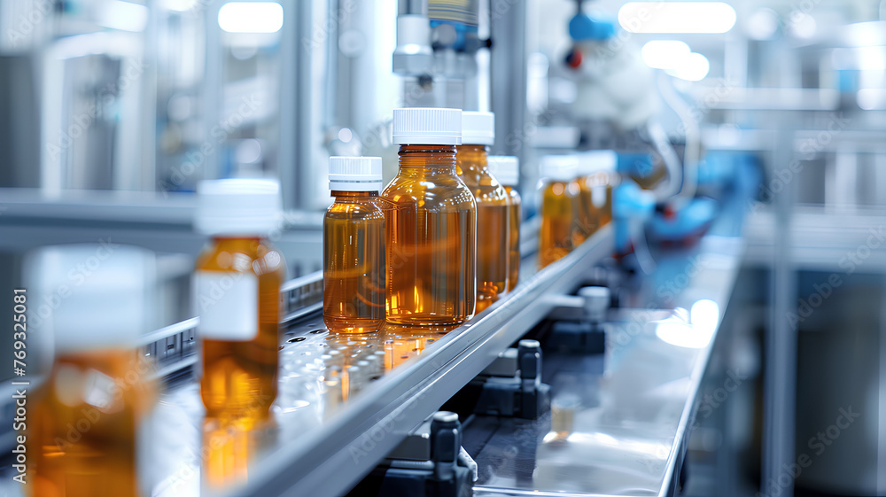 Pharmaceutical Production Line with Medicine Bottles . Automated ...