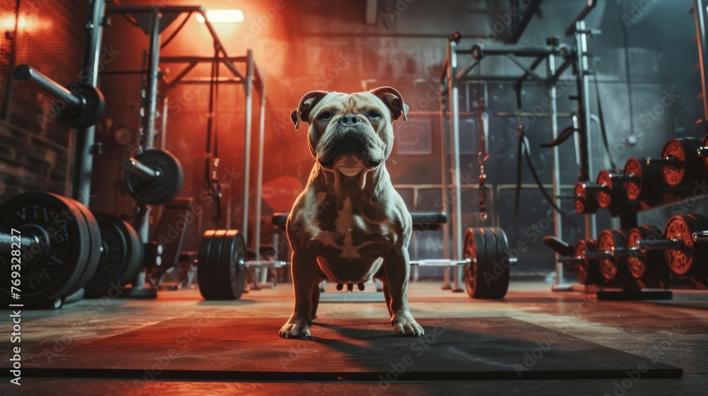 A muscular bulldog stands confidently in a weightlifting gym ...