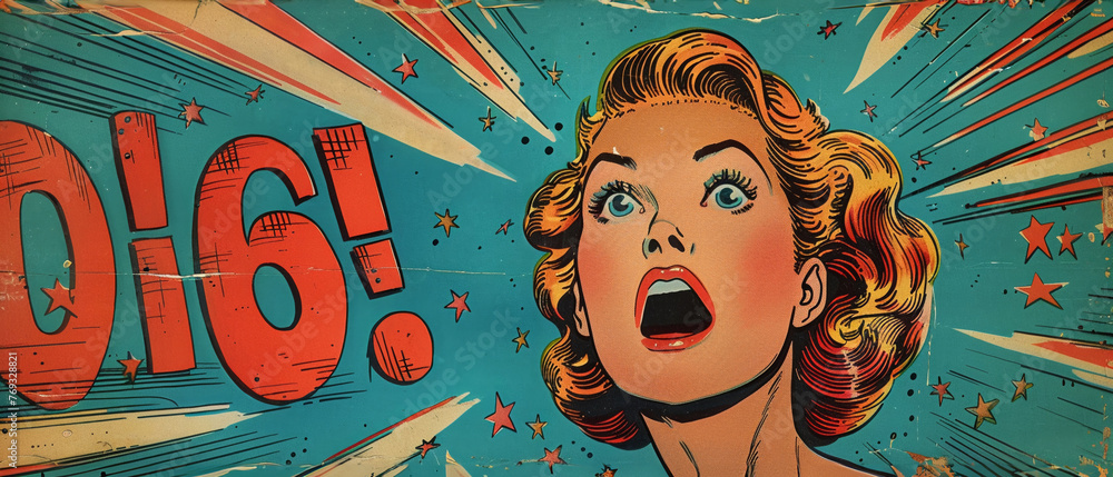 1950s comic book style, page with stars, explosions, and exclamation ...